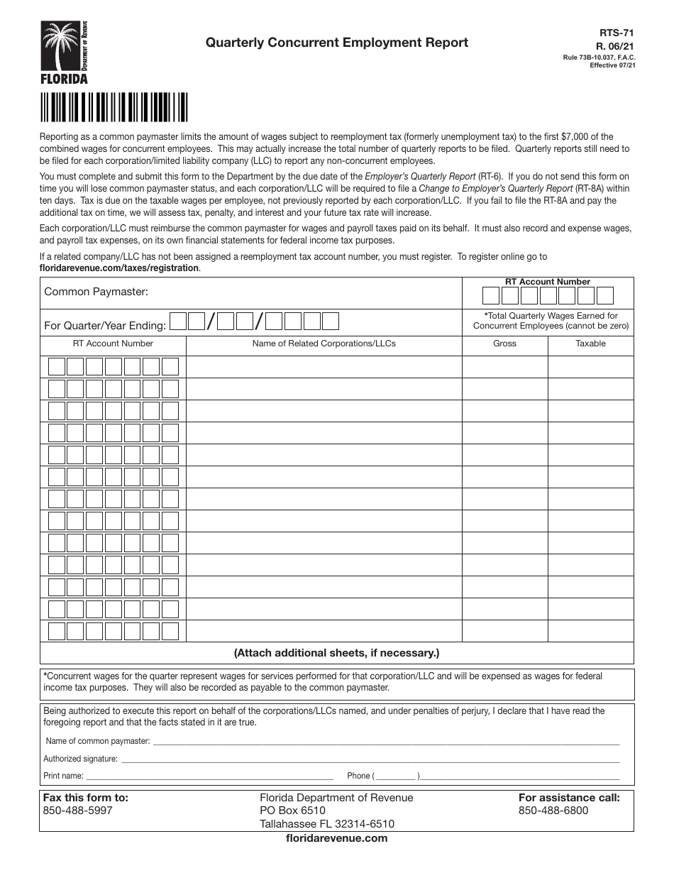 Form RTS-71 Download Printable PDF or Fill Online Quarterly Concurrent ...