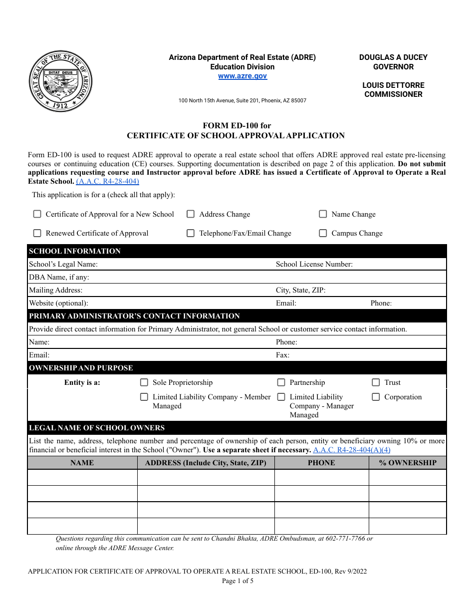 Form ED-100 - Fill Out, Sign Online and Download Fillable PDF, Arizona ...