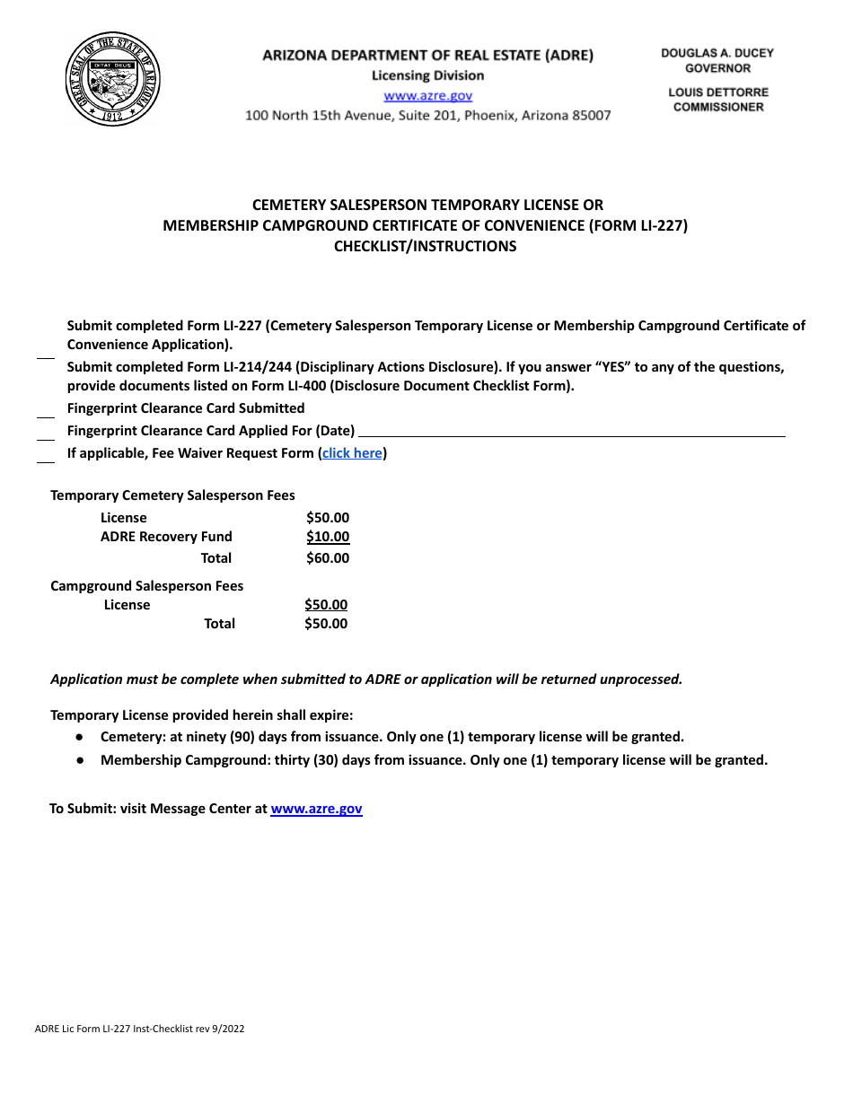 Form LI-227 - Fill Out, Sign Online and Download Fillable PDF, Arizona ...