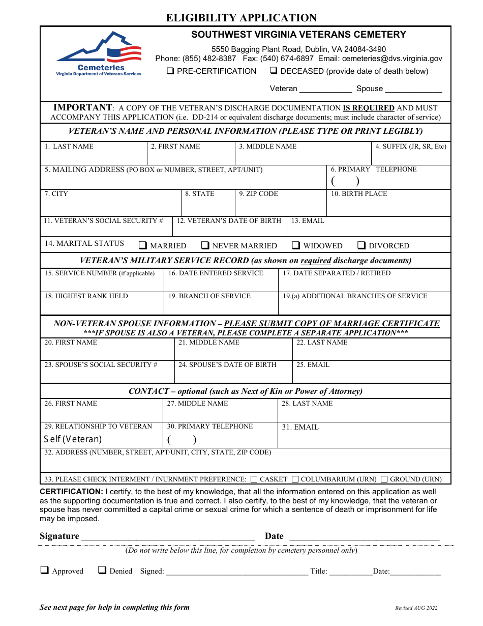 Virginia Eligibility Application - Southwest Virginia Veterans Cemetery ...