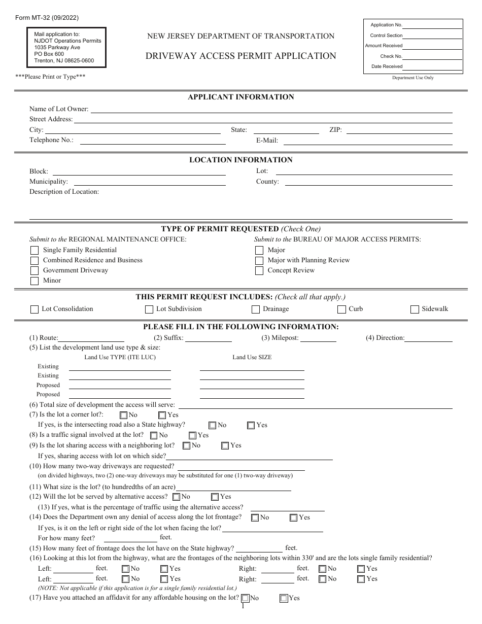 Form MT-32 Download Fillable PDF or Fill Online Driveway Access Permit ...