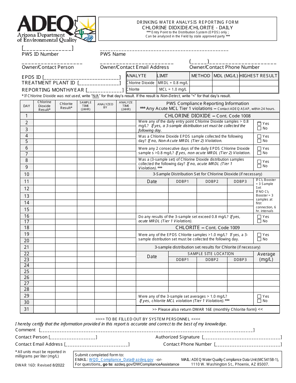 Form DWAR16D Download Fillable PDF or Fill Online Drinking Water ...