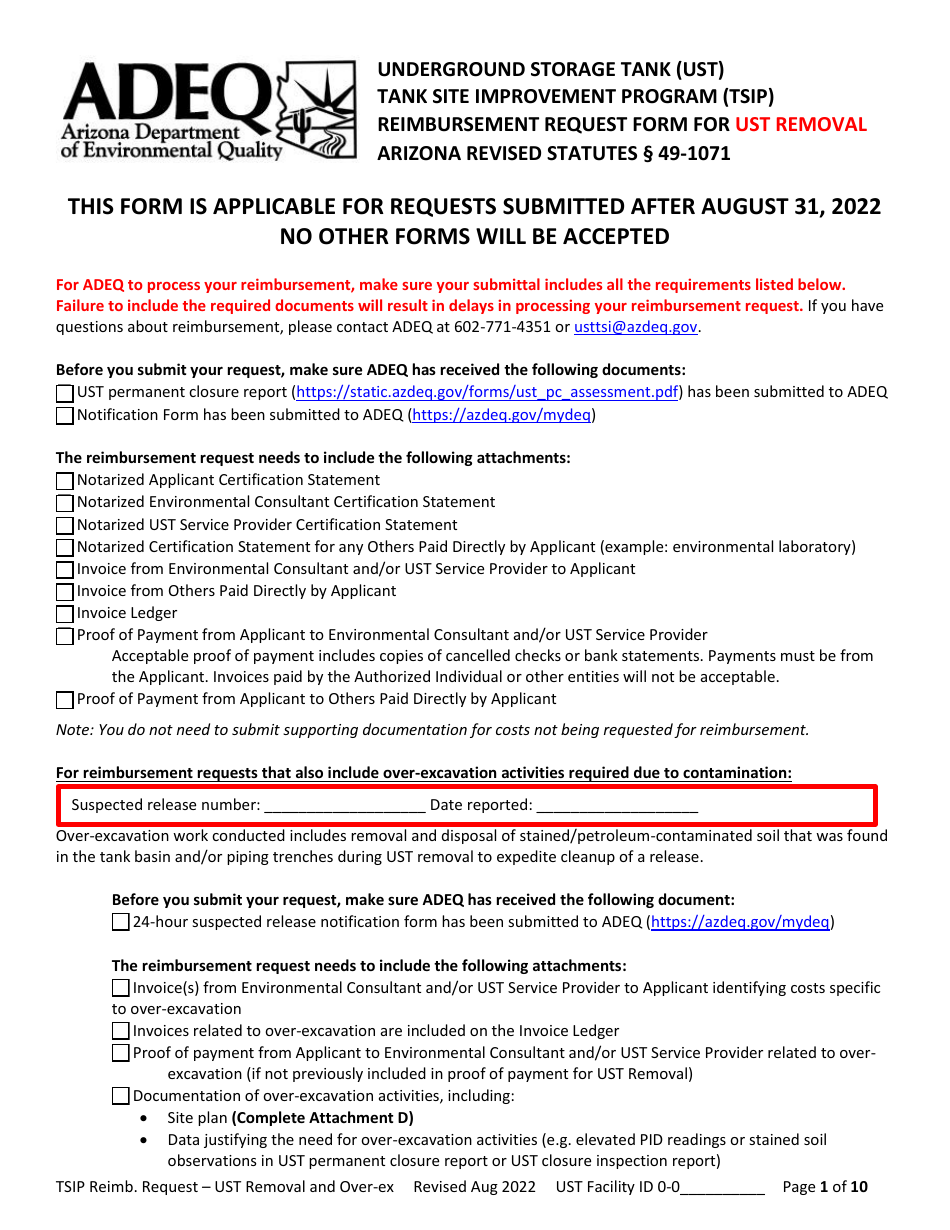 Arizona Reimbursement Request Form for Ust Removal - Underground ...