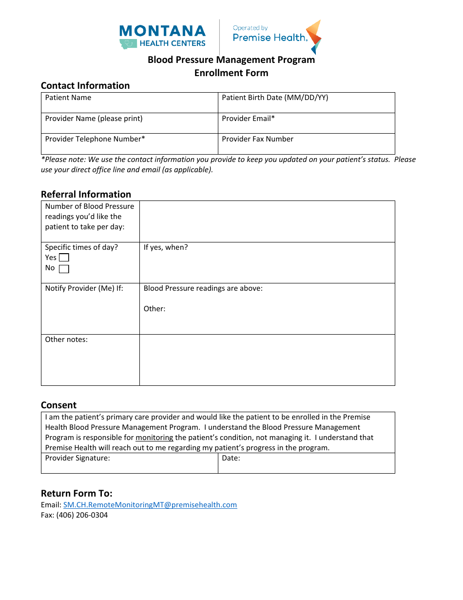 Montana Enrollment Form - Blood Pressure Management Program - Fill Out, Sign Online and Download ...