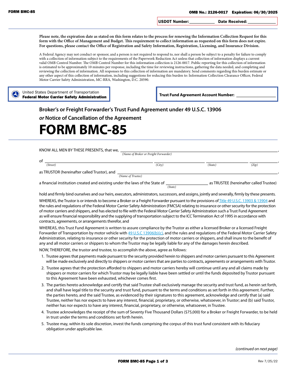 Form BMC-85 Download Fillable PDF or Fill Online Broker's or Freight ...