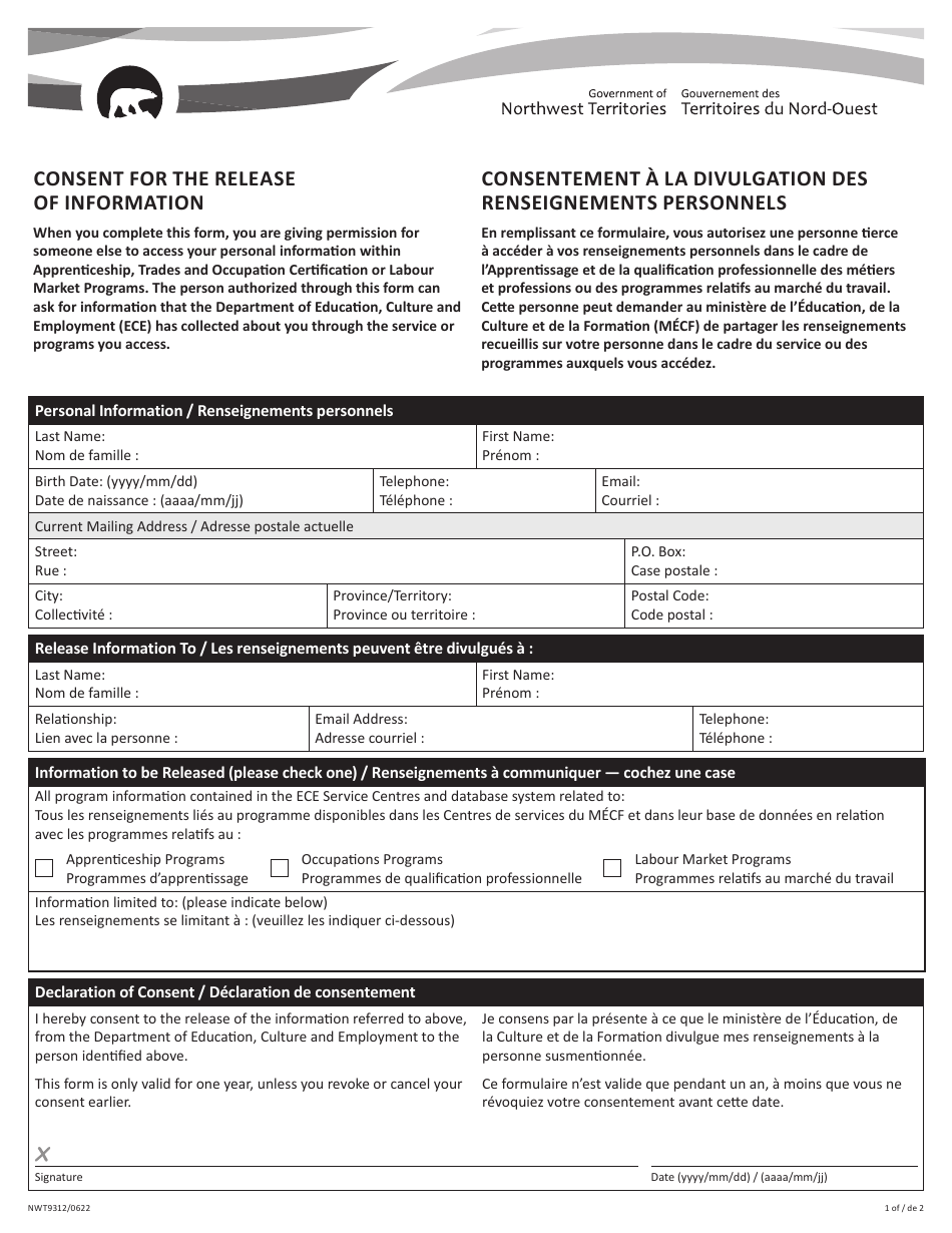 Form NWT9312 - Fill Out, Sign Online and Download Fillable PDF, Northwest Territories Canada ...