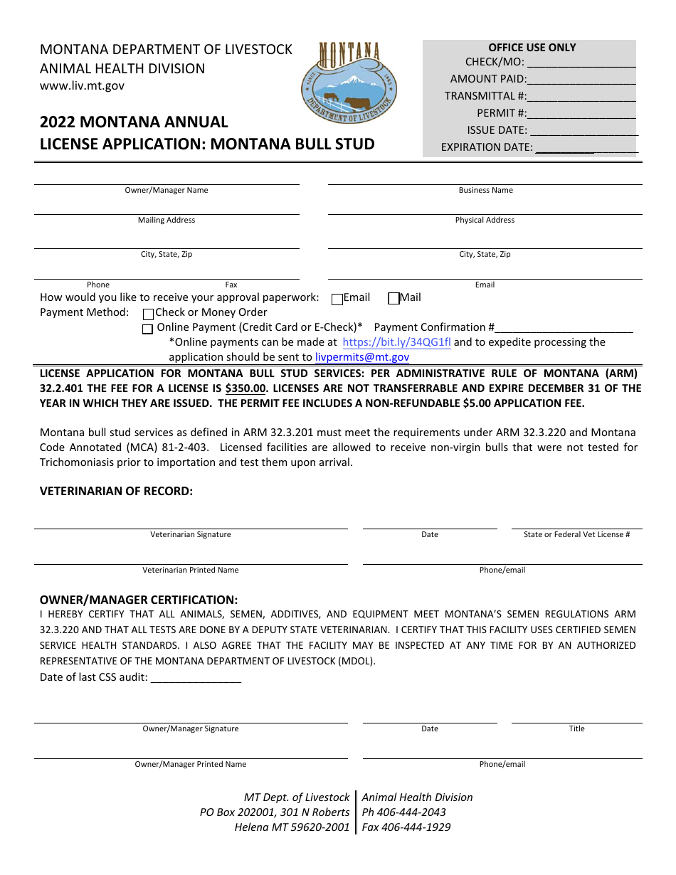 2022 Montana Montana Annual License Application: Montana Bull Stud ...
