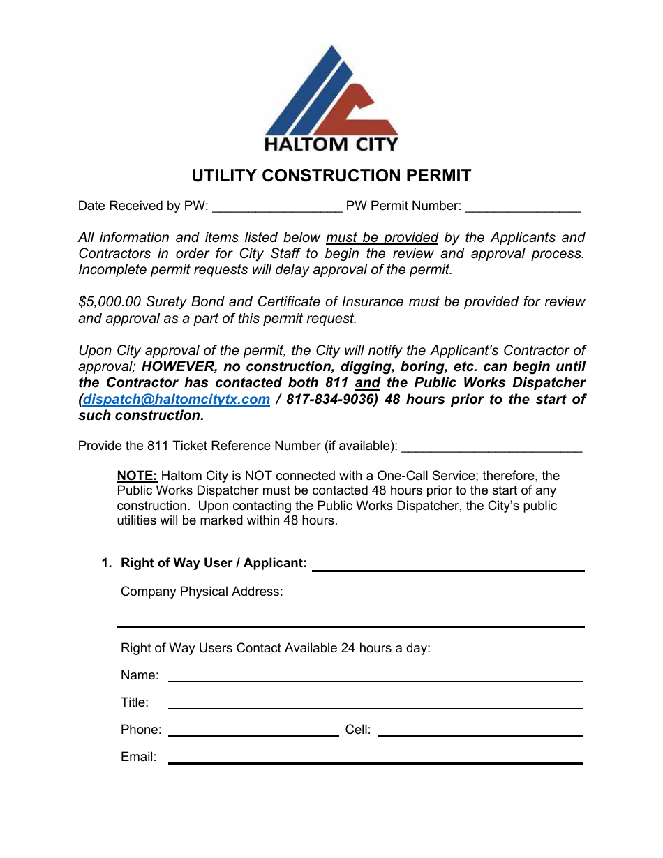Haltom City, Texas Utility Construction Permit - Fill Out, Sign Online ...