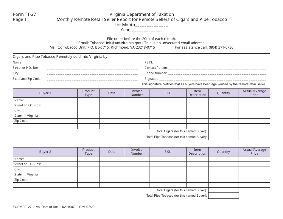 Form TT-27 - Fill Out, Sign Online and Download Fillable PDF, Virginia ...