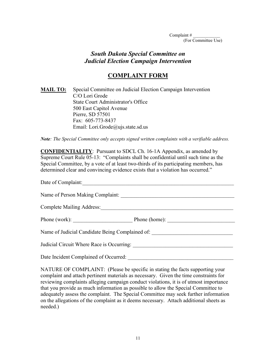South Dakota Complaint Form - Fill Out, Sign Online and Download PDF ...