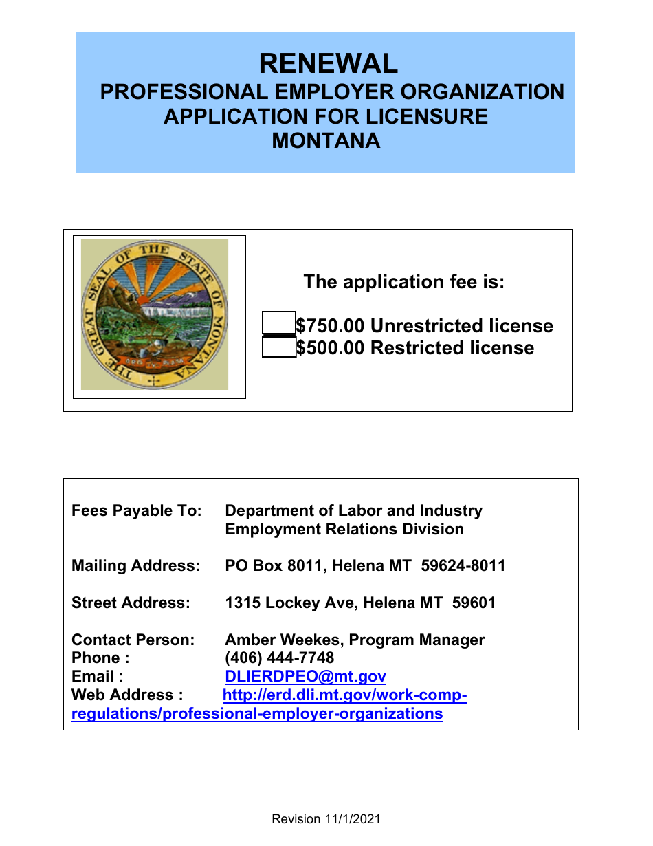 Montana Renewal Professional Employer Organization Application for ...