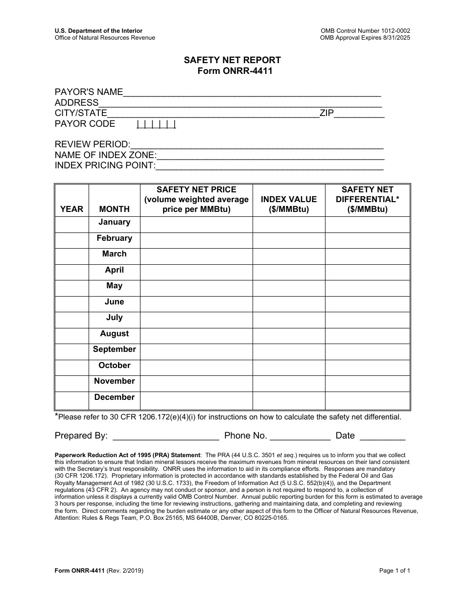 Form ONRR-4411 Download Printable PDF or Fill Online Safety Net Report ...