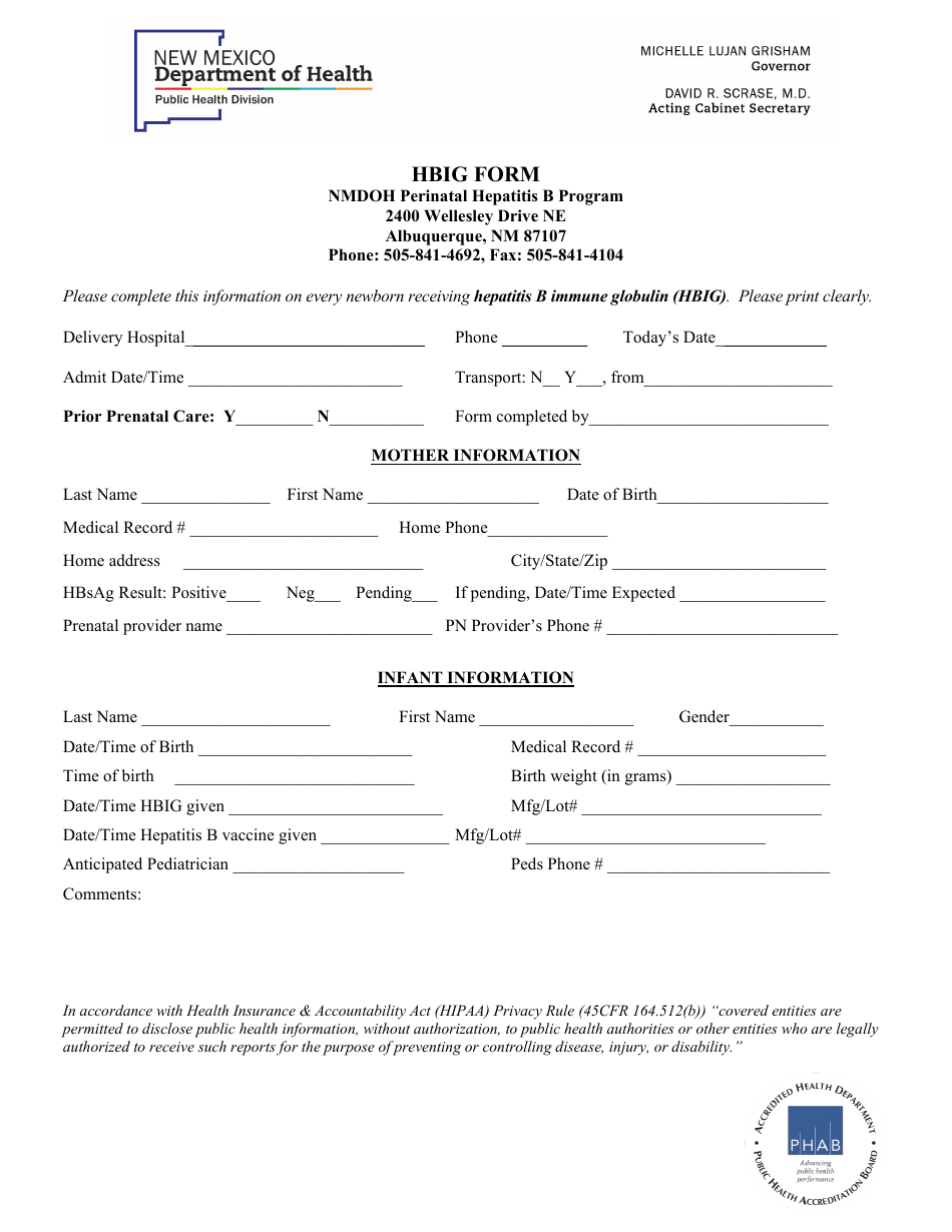New Mexico Hbig Form - Nmdoh Perinatal Hepatitis B Program - Fill Out ...