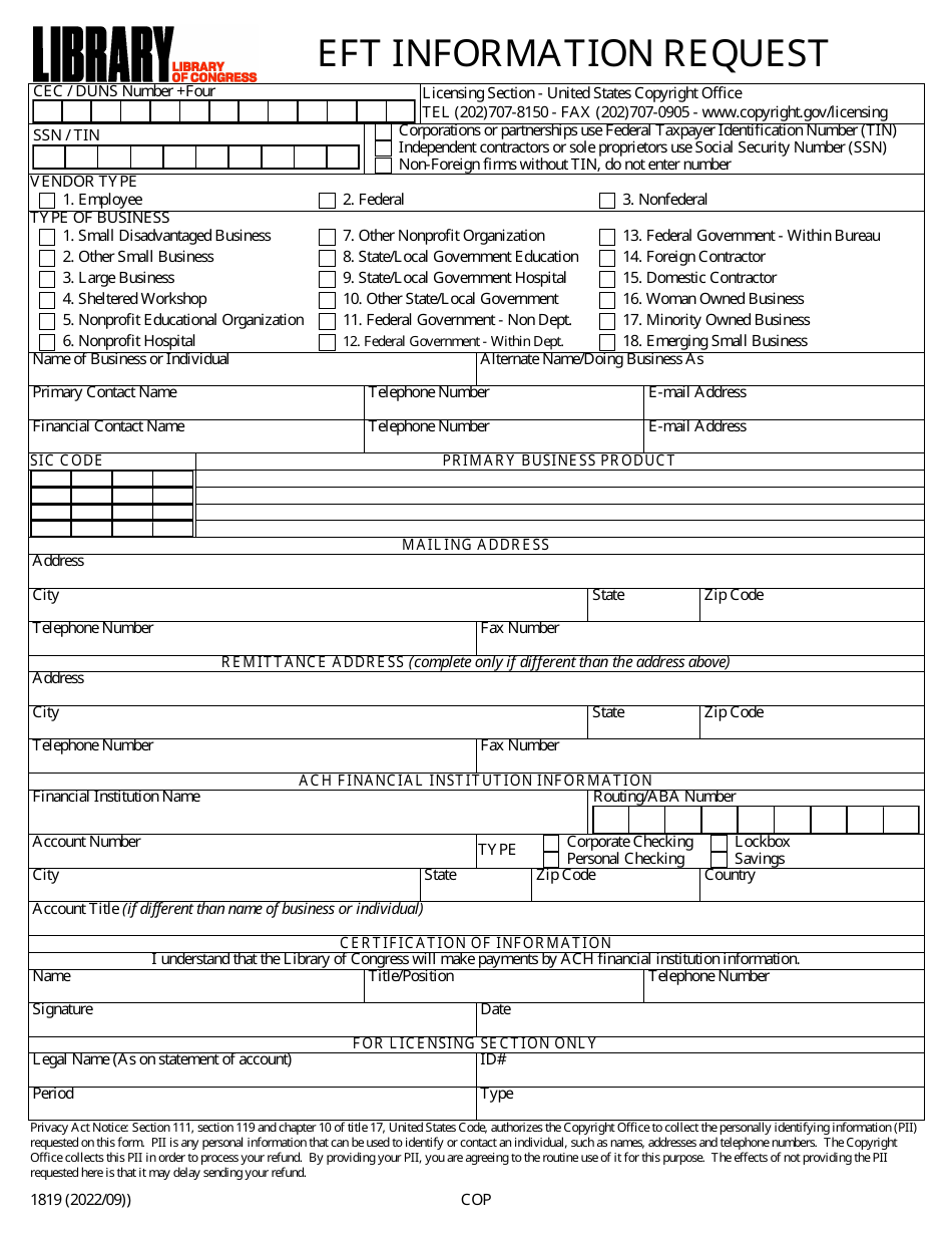 Form 1819 Download Fillable PDF or Fill Online Eft Information Request ...