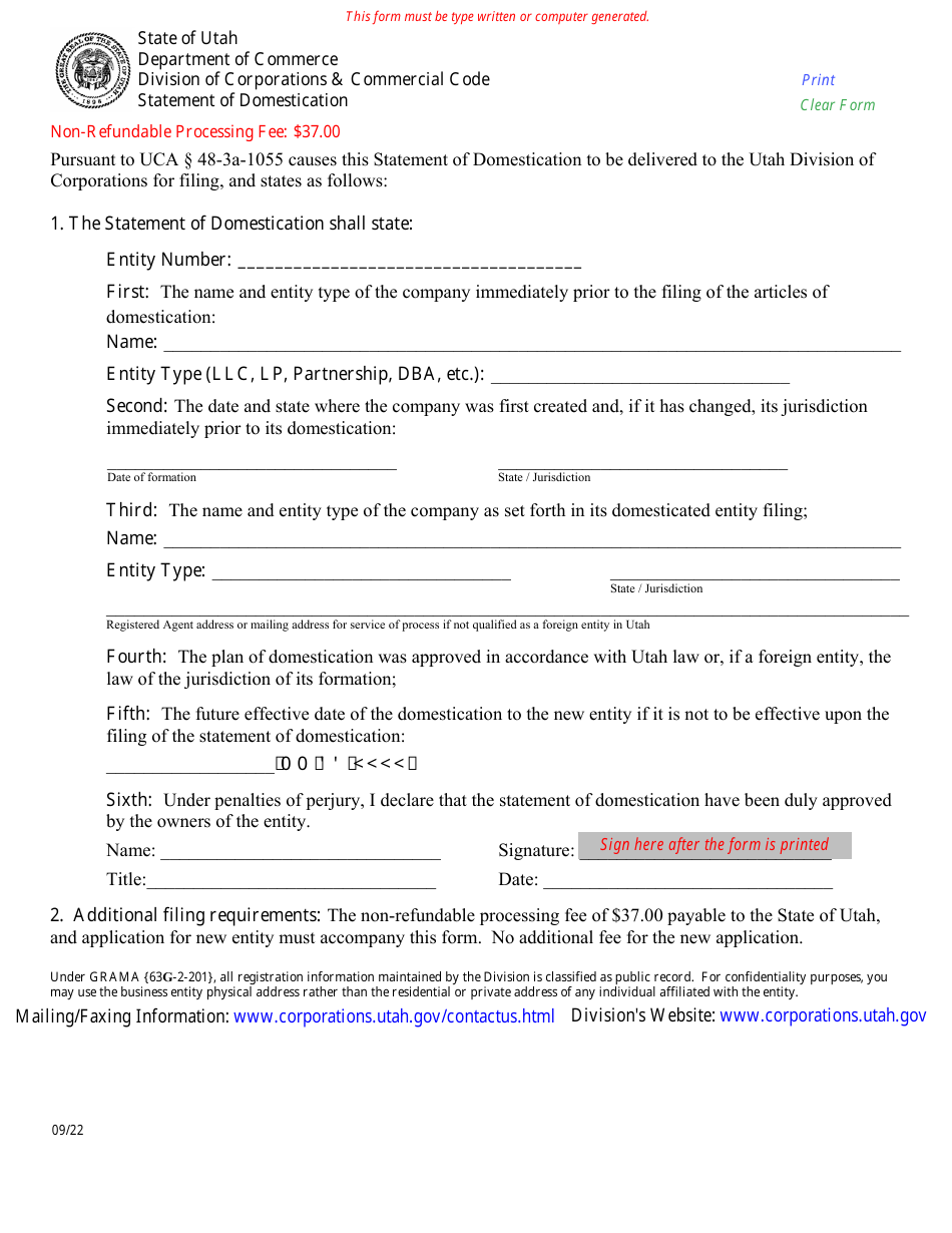 Utah Statement of Domestication Download Fillable PDF | Templateroller