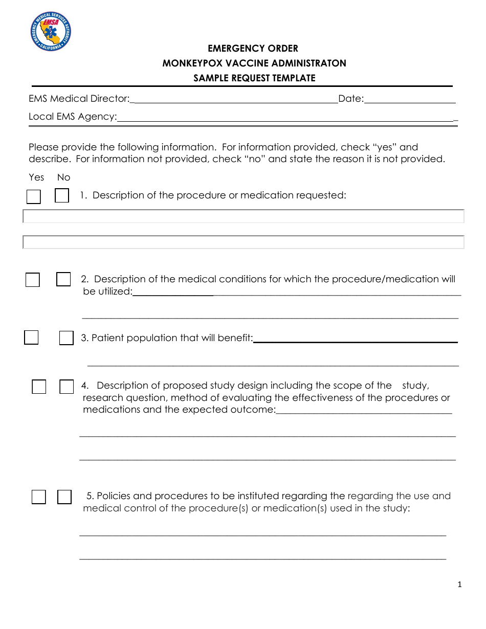 California Emergency Order - Monkeypox Vaccine Administraton - Sample ...