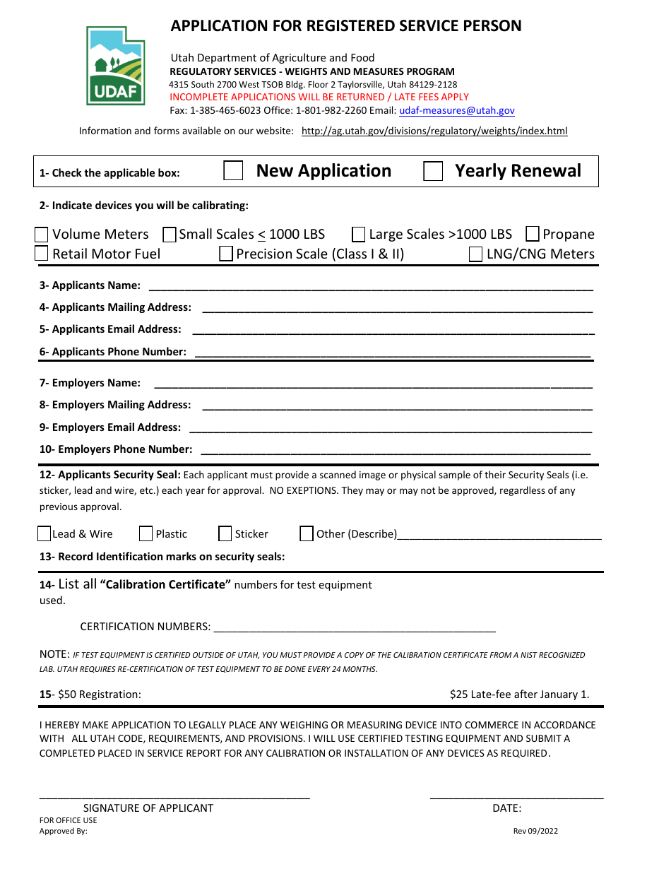 Utah Application for Registered Service Person - Fill Out, Sign Online and Download PDF ...