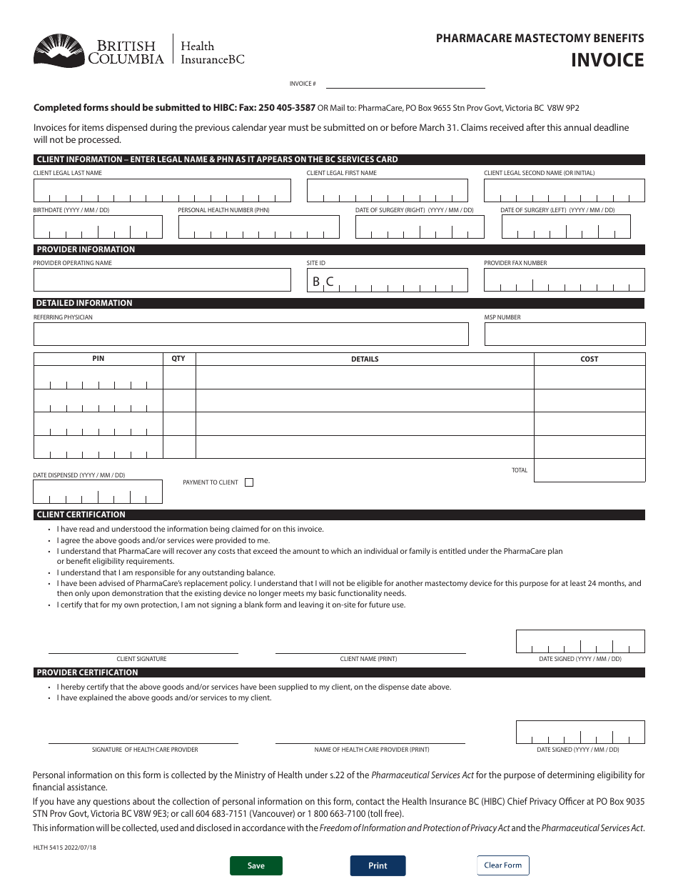Form HLTH5415 Download Fillable PDF or Fill Online Pharmacare ...