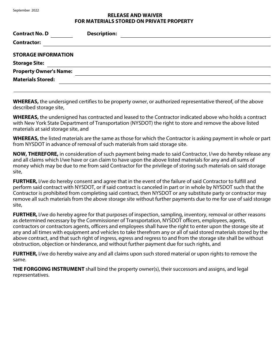 New York Release and Waiver for Materials Stored on Private Property ...