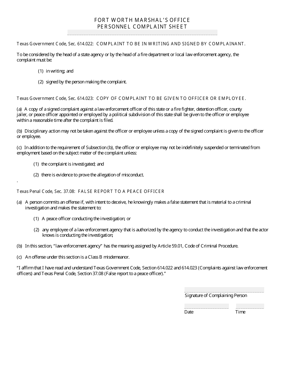City of Fort Worth, Texas Personnel Complaint Sheet - Fill Out, Sign ...