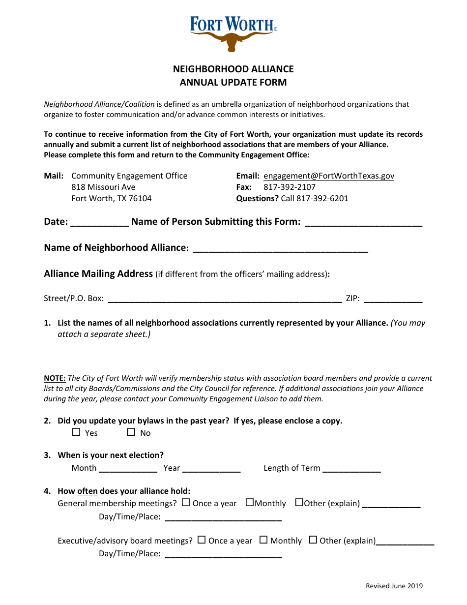 City of Fort Worth, Texas Neighborhood Alliance Annual Update Form ...