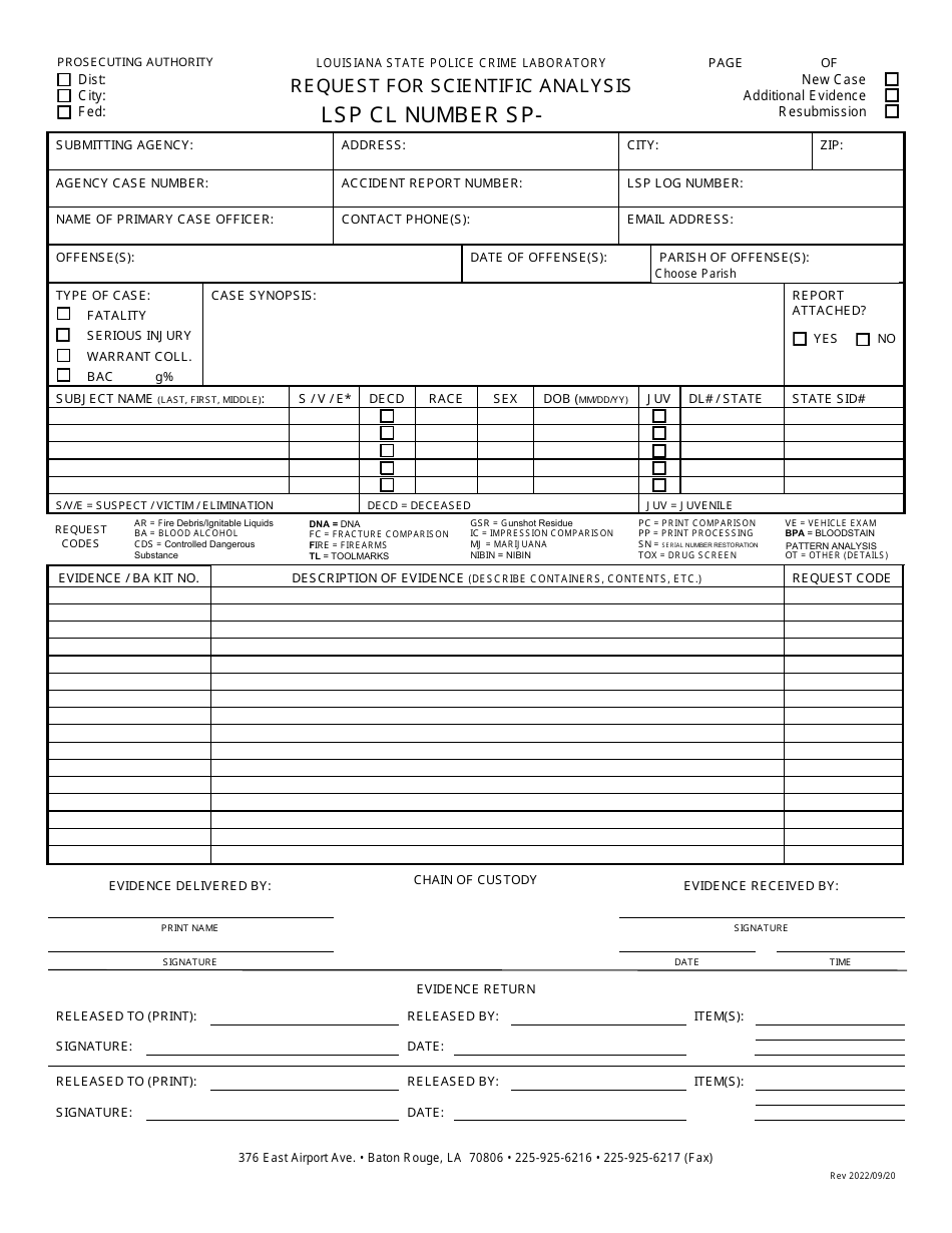 Louisiana Request for Scientific Analysis Download Fillable PDF 2021 ...