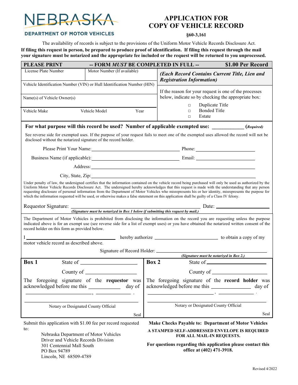 Nebraska Application for Copy of Vehicle Record Download Printable PDF ...