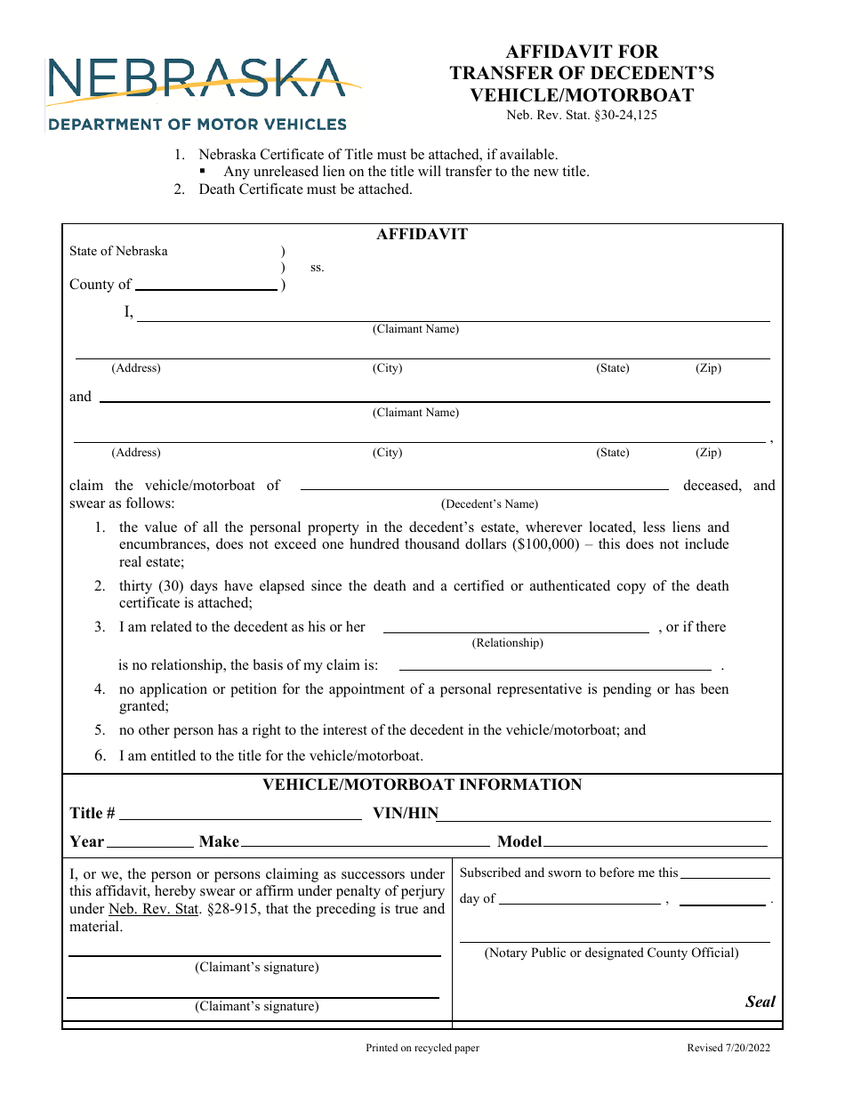 Nebraska Affidavit for Transfer of Decedent's Vehicle/Motorboat ...