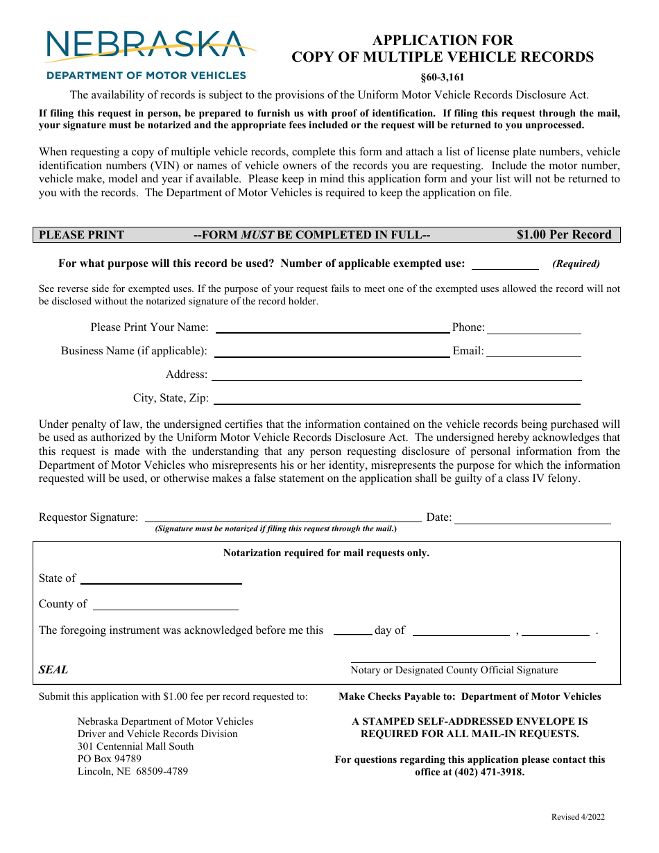 Nebraska Application for Copy of Multiple Vehicle Records Download ...