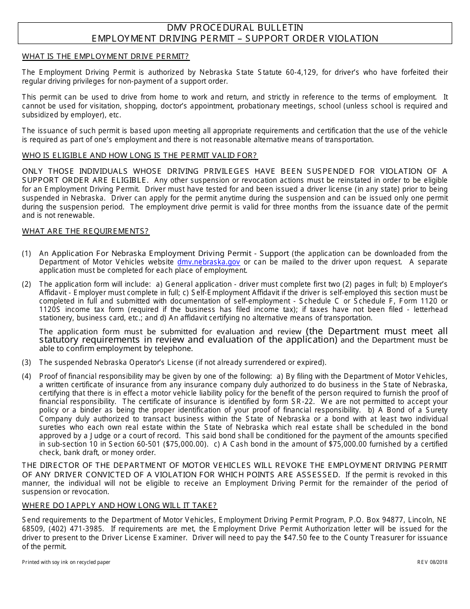 Nebraska Application for Nebraska Employment Driving Permit - Support ...