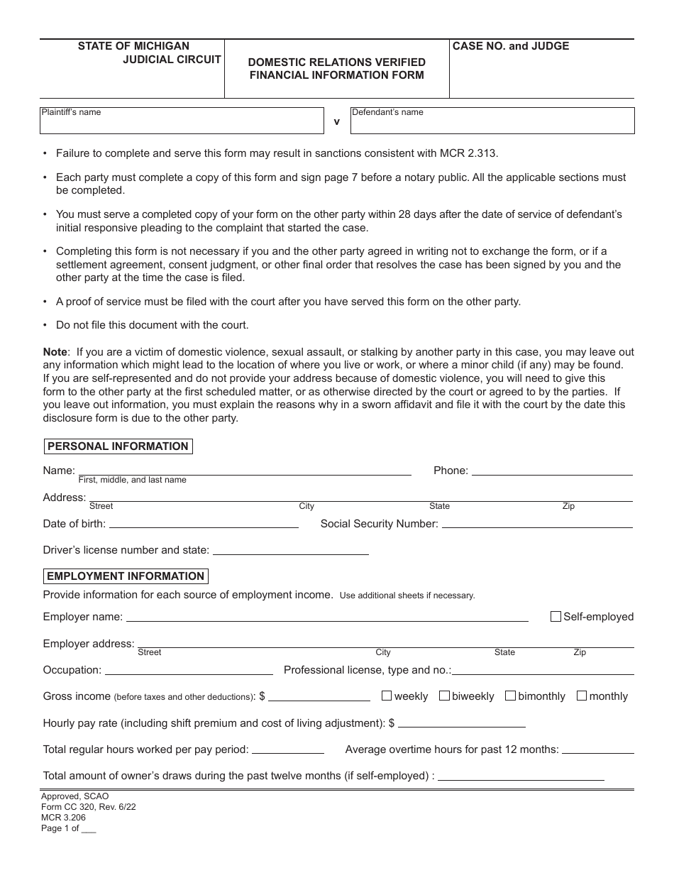 Form CC320 Download Fillable PDF or Fill Online Domestic Relations ...