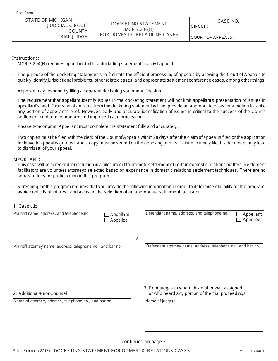 Michigan Docketing Statement Mcr 7.204(H) for Domestic Relations Cases ...
