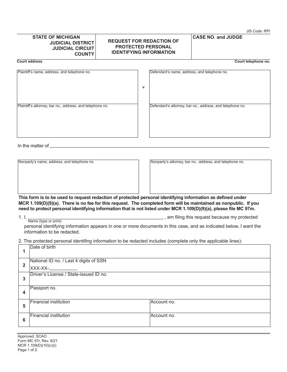 Form MC97R - Fill Out, Sign Online and Download Fillable PDF, Michigan ...