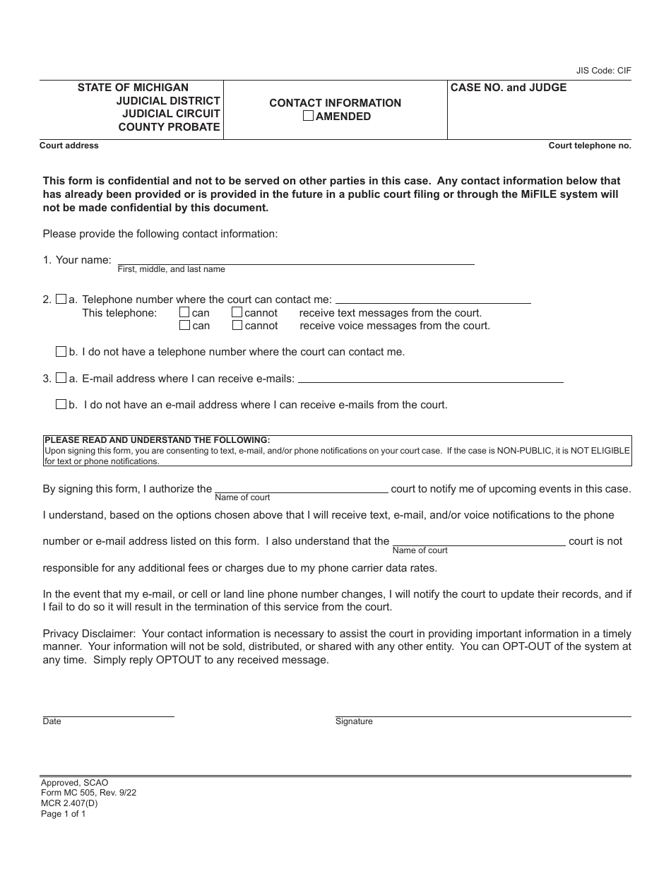 Form MC505 Download Fillable PDF or Fill Online Contact Information ...
