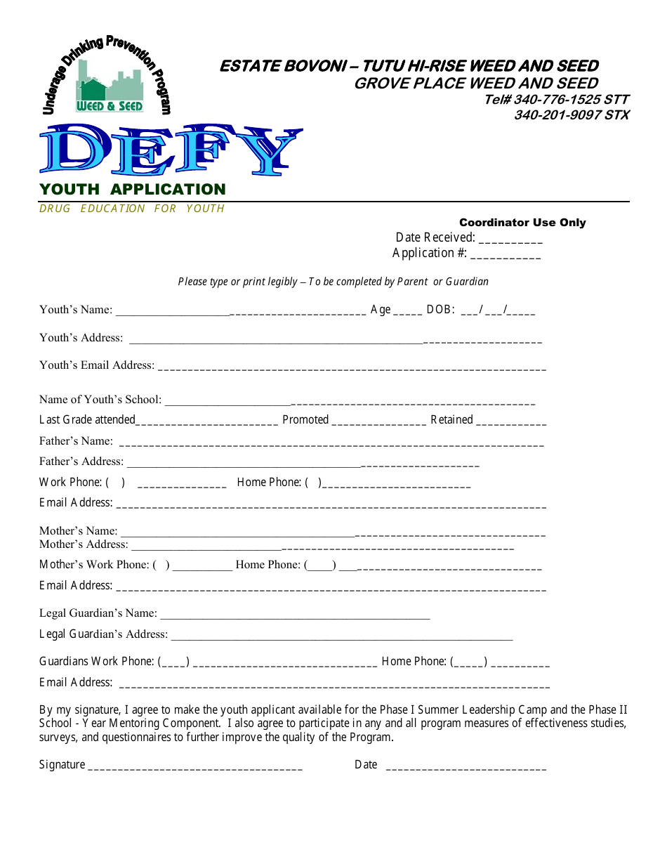 Virgin Islands Defy (Drug Education for Youth) Youth Application - Fill ...