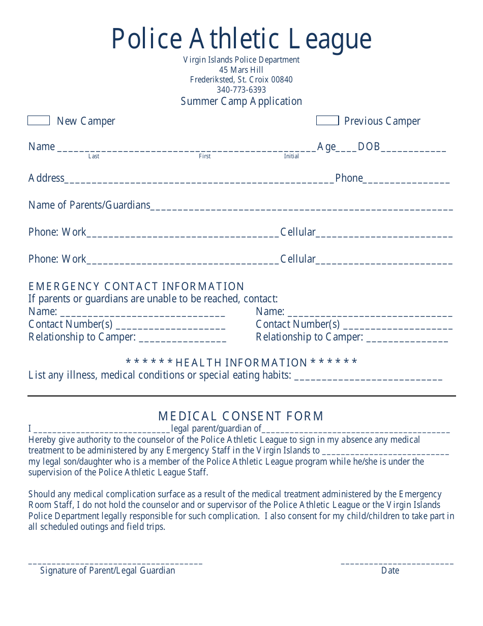 Virgin Islands Summer Camp Application - Police Athletic League - Fill ...