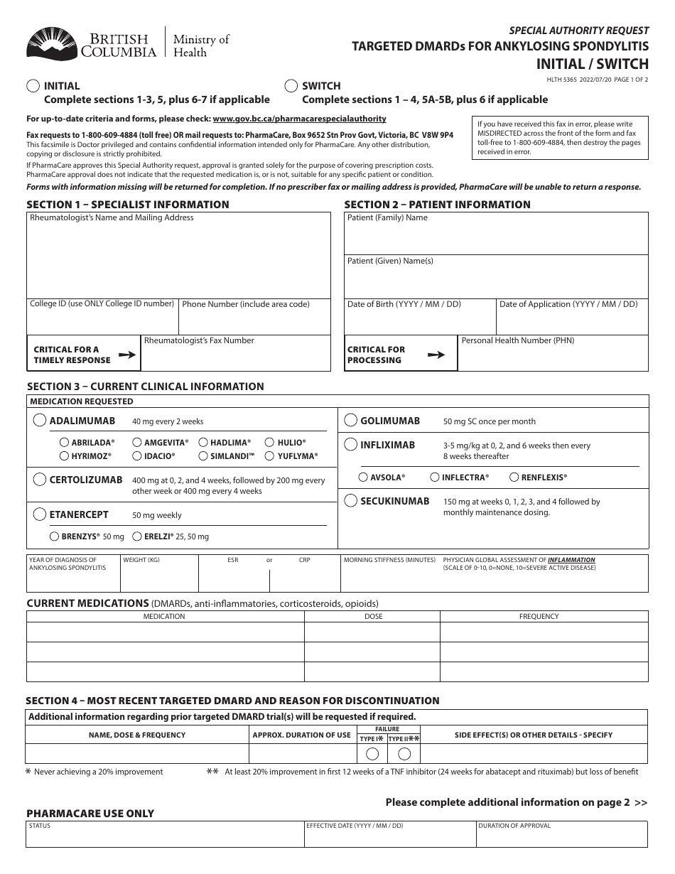 Form HLTH5365 Download Fillable PDF or Fill Online Special Authority ...