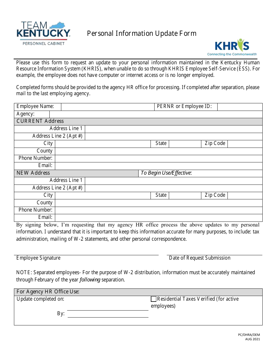 Kentucky Personal Information Update Form Download Printable PDF ...