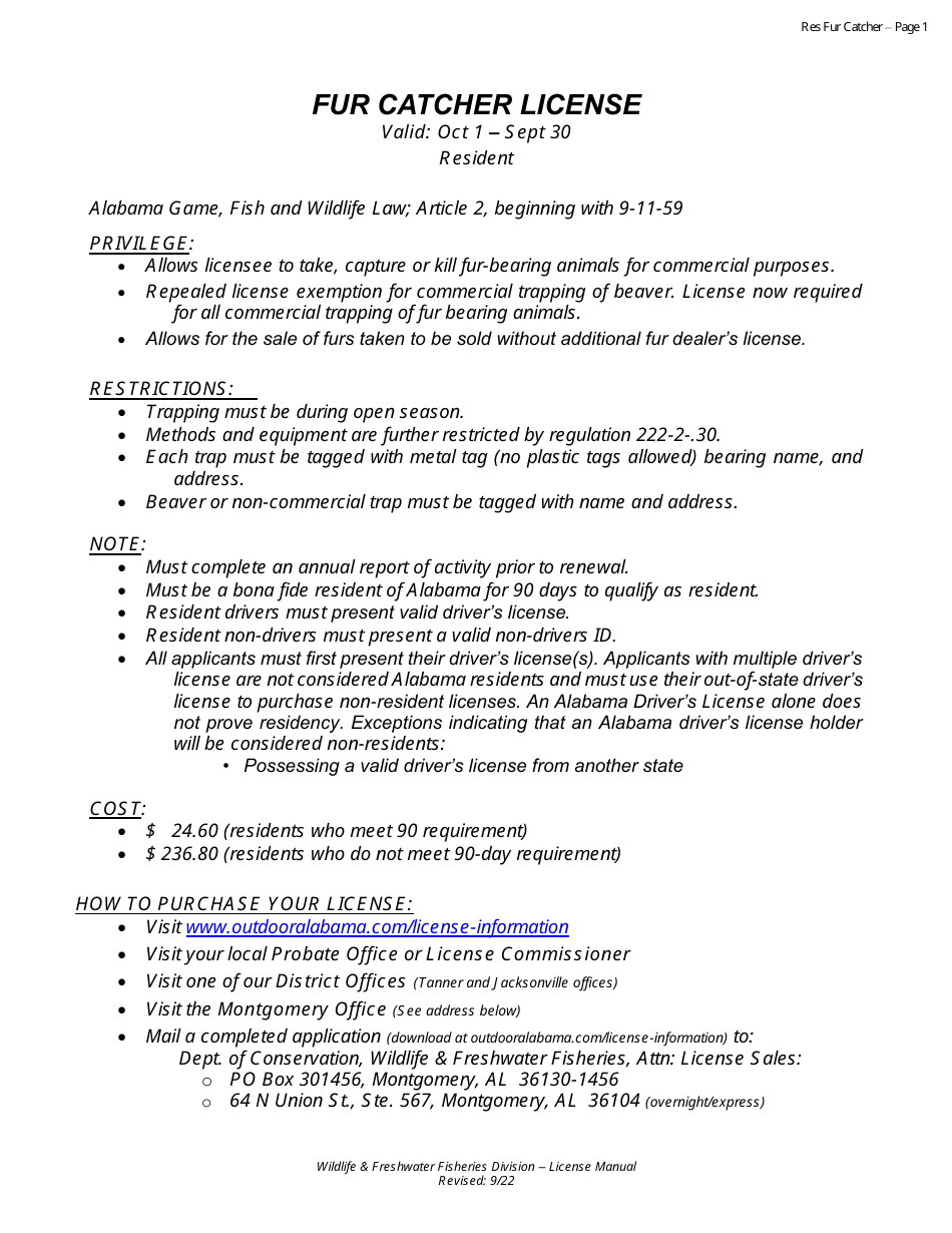 Alabama Fur Catcher License - Resident - Fill Out, Sign Online and ...