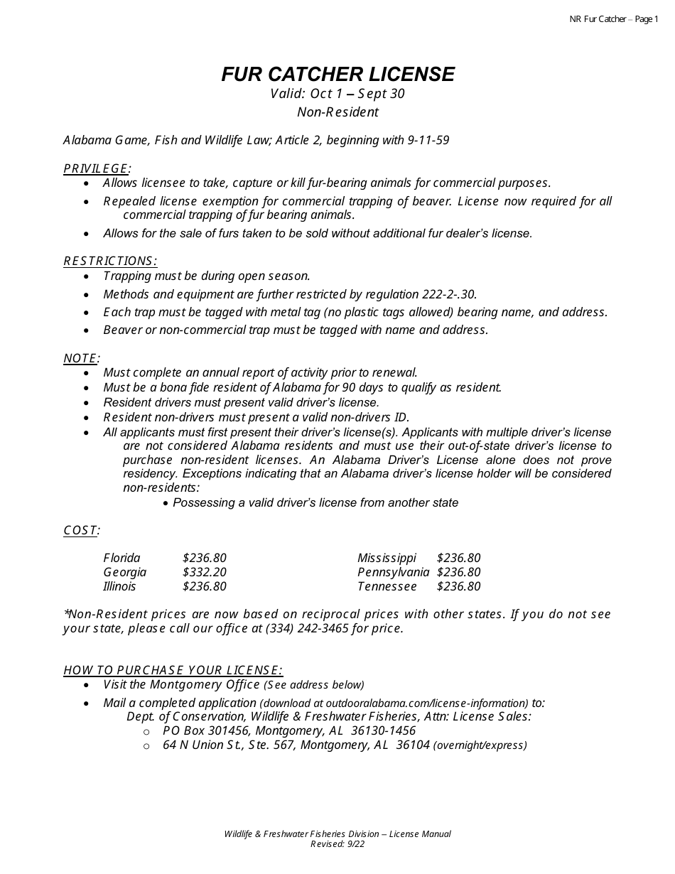 Alabama Fur Catcher License - Non-resident - Fill Out, Sign Online and ...