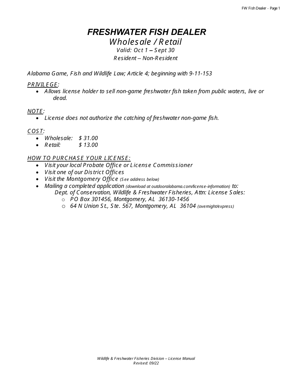 Alabama Freshwater Fish Dealer License - Resident - Non-resident - Fill ...