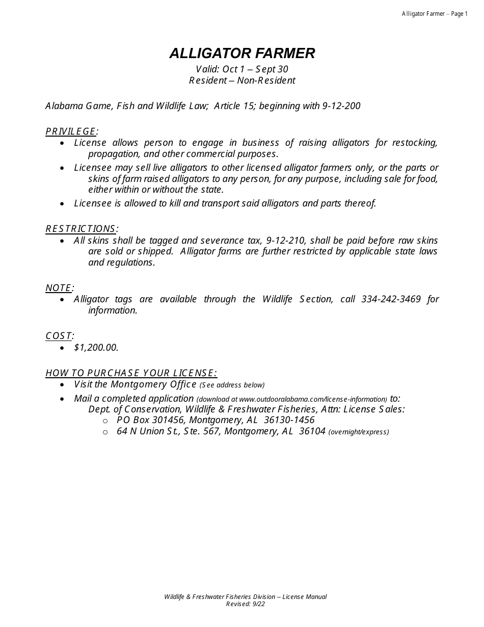 Alabama Alligator Farmer License - Resident - Non-resident - Fill Out ...