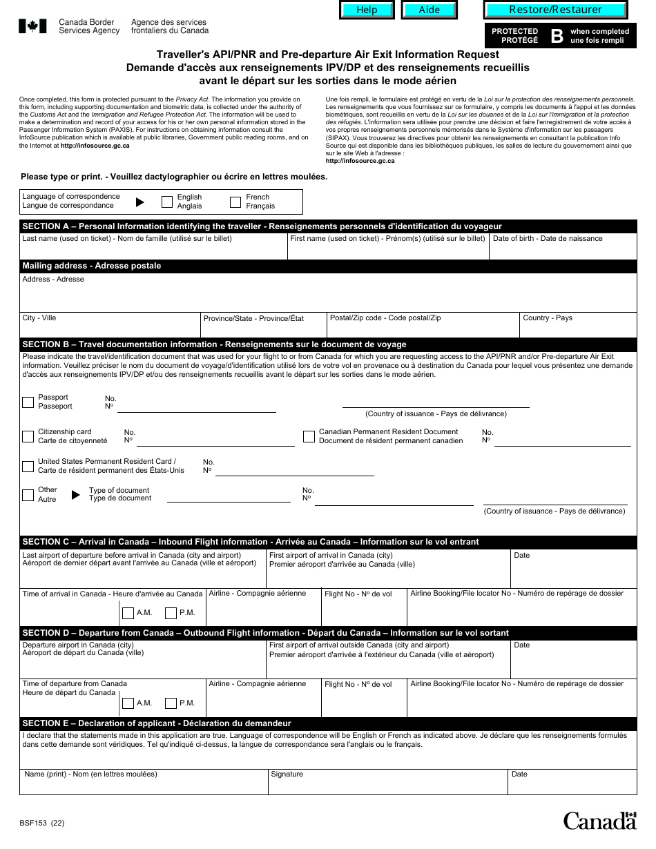 Form BSF153 Download Fillable PDF or Fill Online Traveller's Api/Pnr ...
