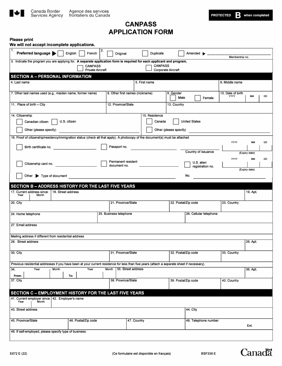 Form E672 Download Fillable PDF or Fill Online Canpass Application Form ...