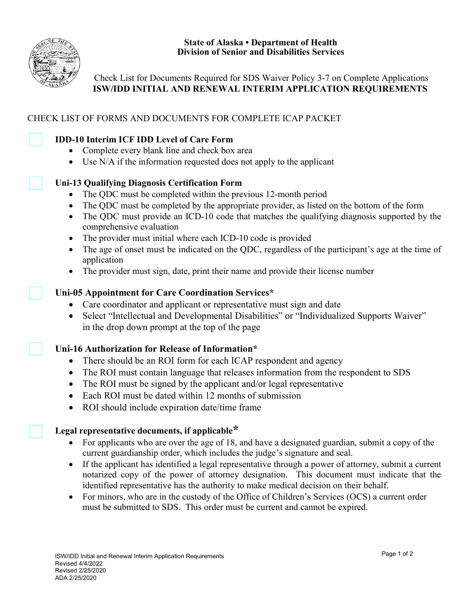 Alaska Check List for Documents Required for Sds Waiver Policy 3-7 on ...
