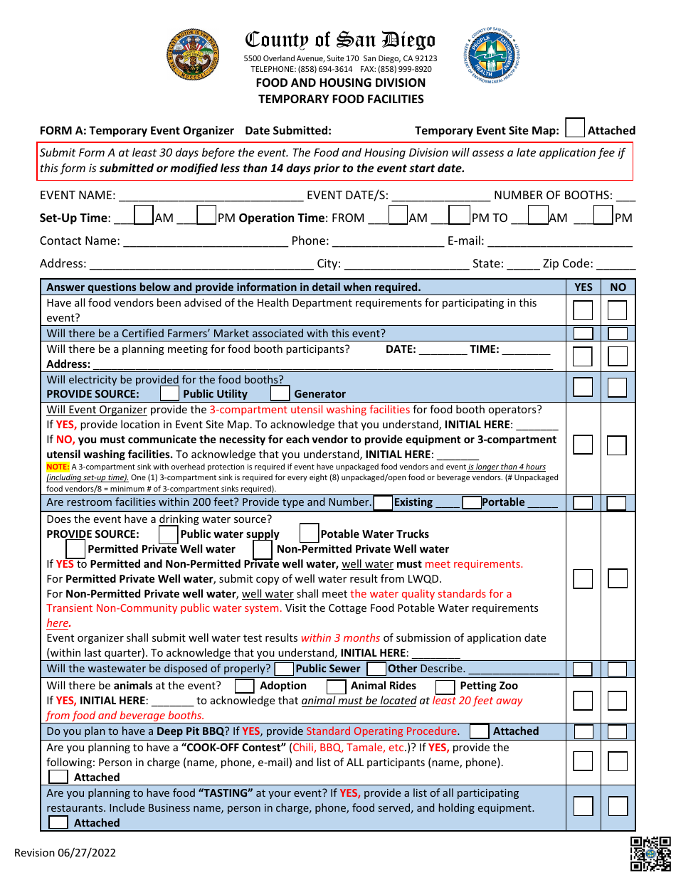Form A - Fill Out, Sign Online and Download Fillable PDF, County of San ...