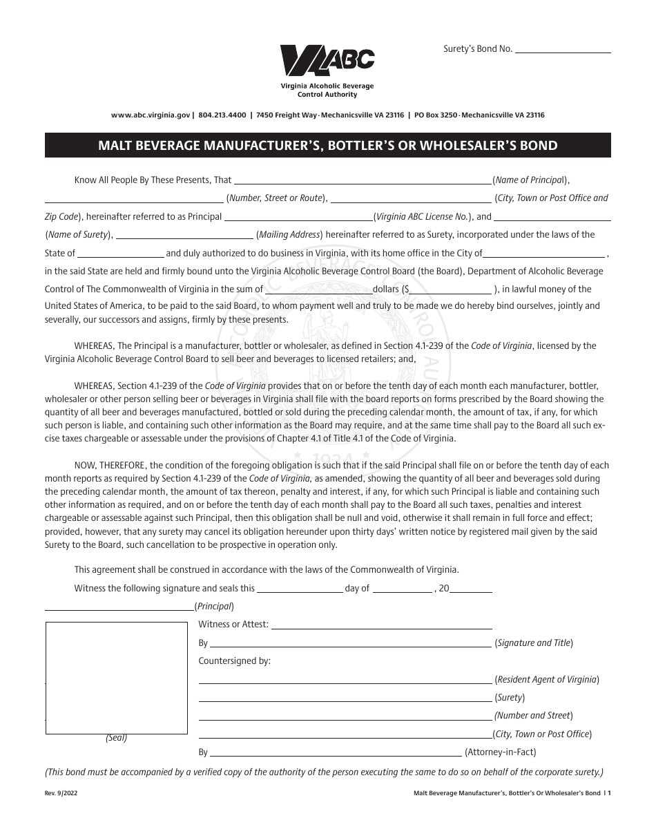 Virginia Malt Beverage Manufacturer's, Bottler's or Wholesaler's Bond ...