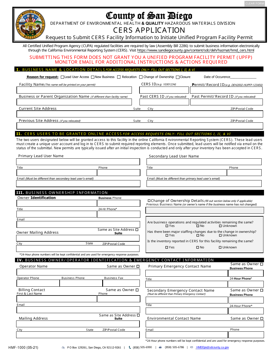 Form HMF-1000 Download Fillable PDF or Fill Online Cers Application ...