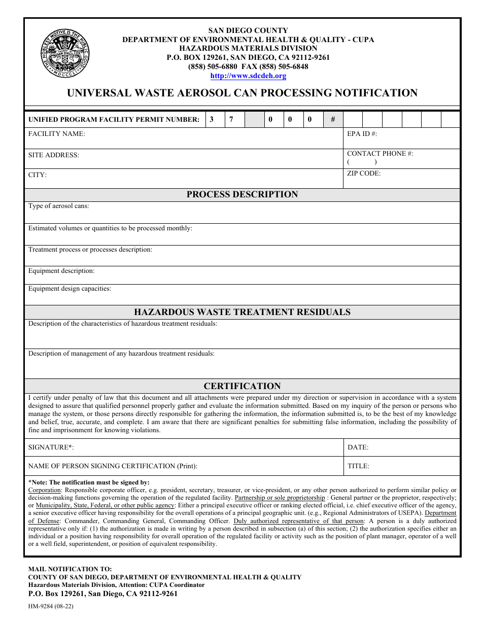 Form HM-9284 Download Printable PDF or Fill Online Universal Waste ...