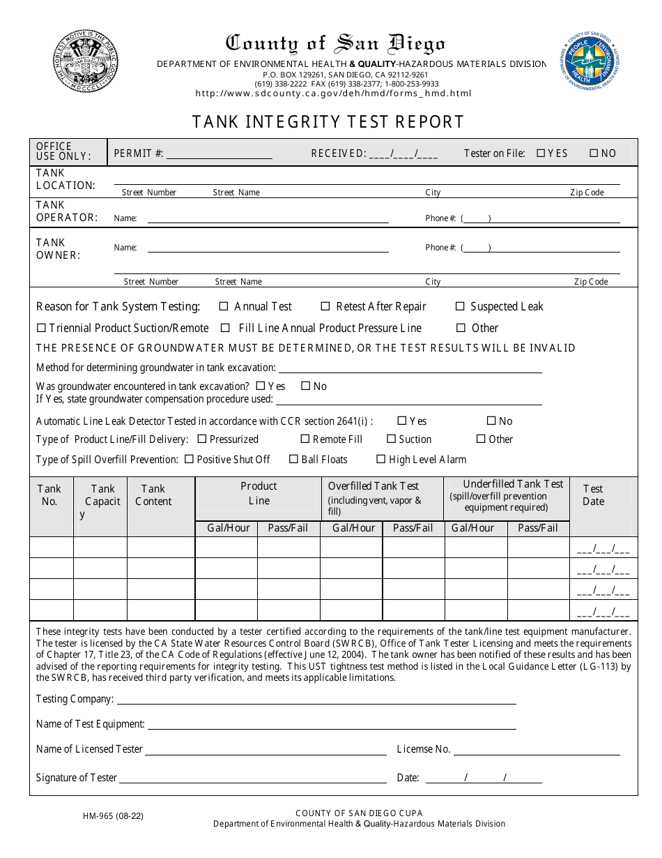 Form HM-965 Download Printable PDF or Fill Online Tank Integrity Test ...
